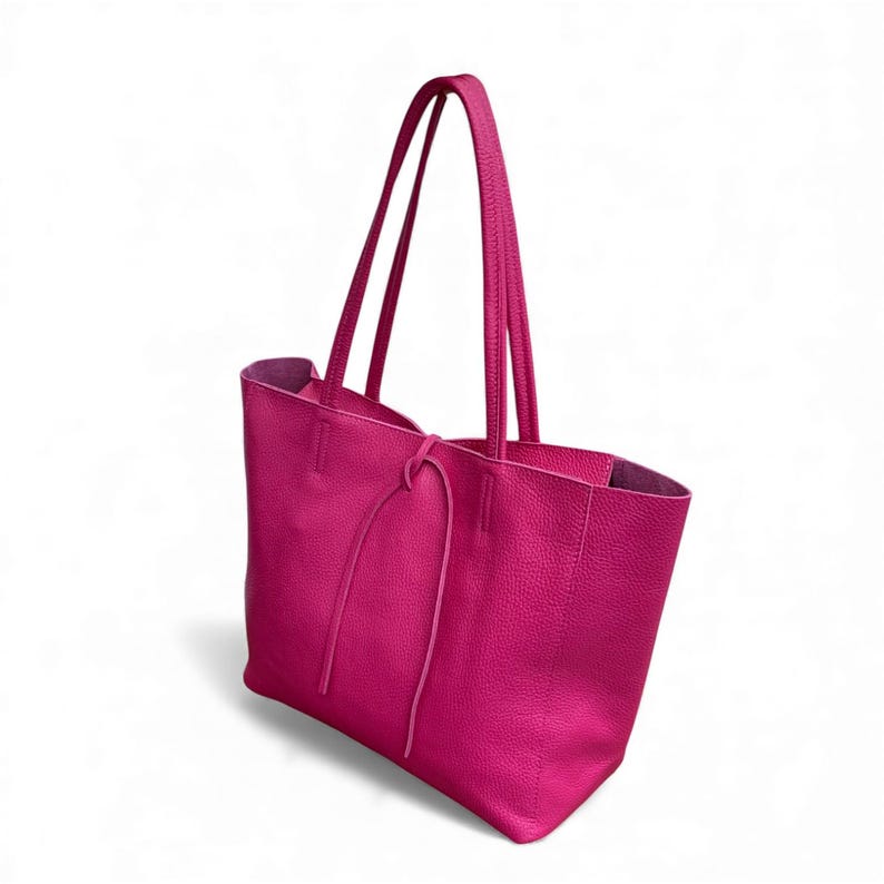 Fuchsia Leather Shoulder Bag, Large Boho Bag, Pink Leather Bag, Leather ...