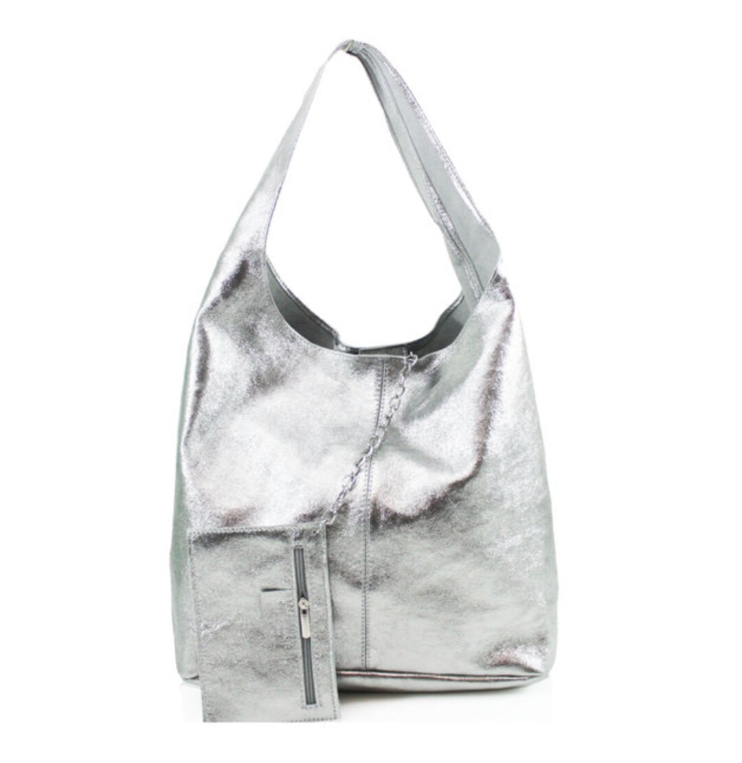 Metallic Leather Slouch Shoulder Bag, Silver Boho Bag, Rose Gold Bag ...