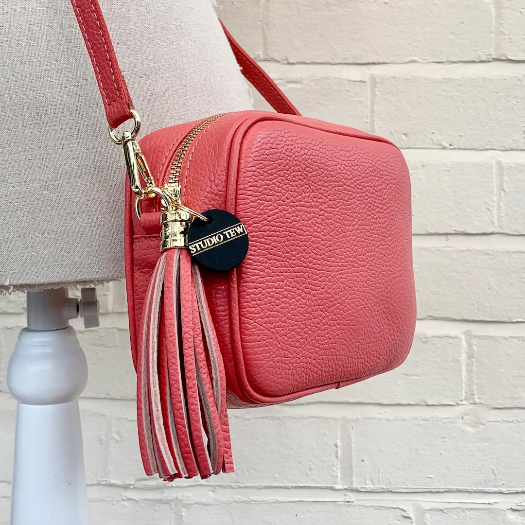 Coral Leather Crossbody Bag With Tassel: Italian Leather Handbag ...
