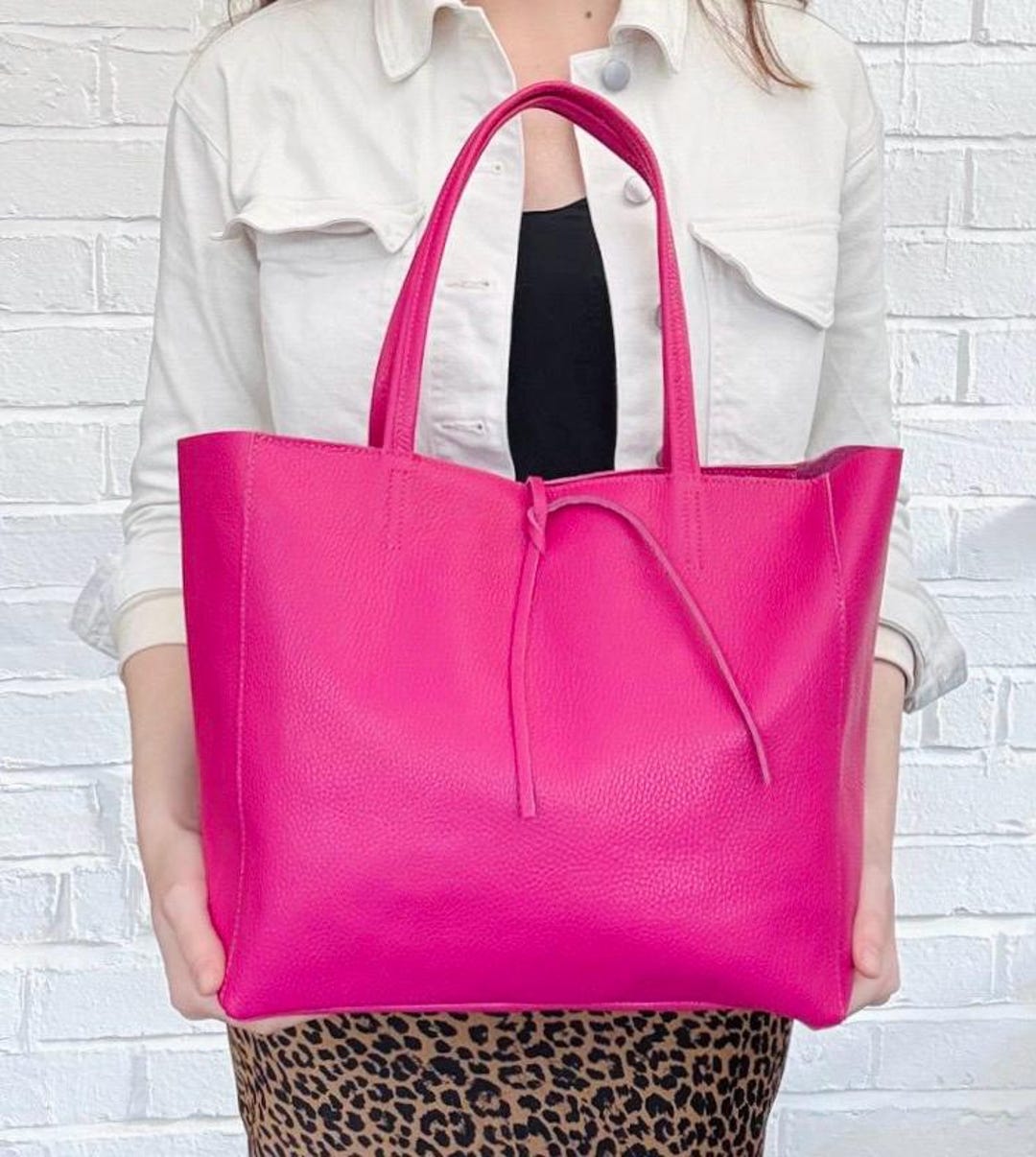 Fuchsia Leather Shoulder Bag, Large Boho Bag, Pink Leather Bag, Leather ...