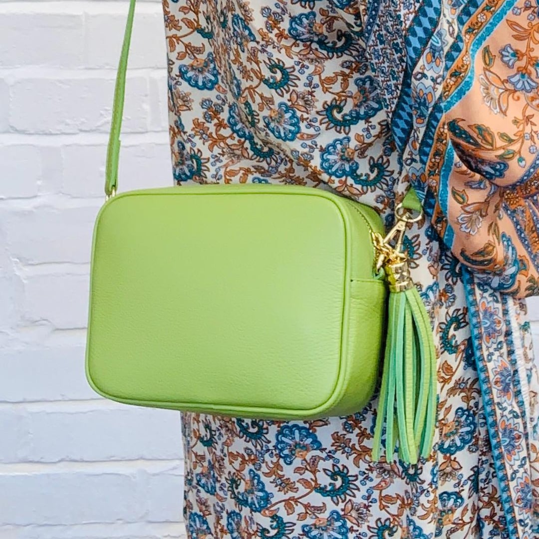 Lime Green Leather Crossbody Bag With Tassel: Handmade Italian Handbag ...