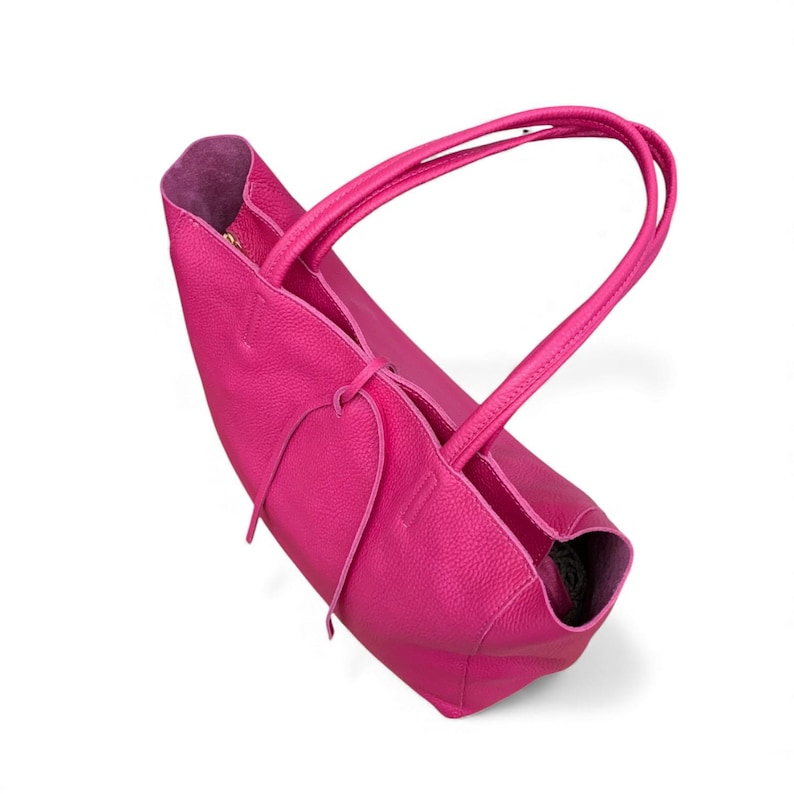 Fuchsia Leather Shoulder Bag, Large Boho Bag, Pink Leather Bag, Leather ...