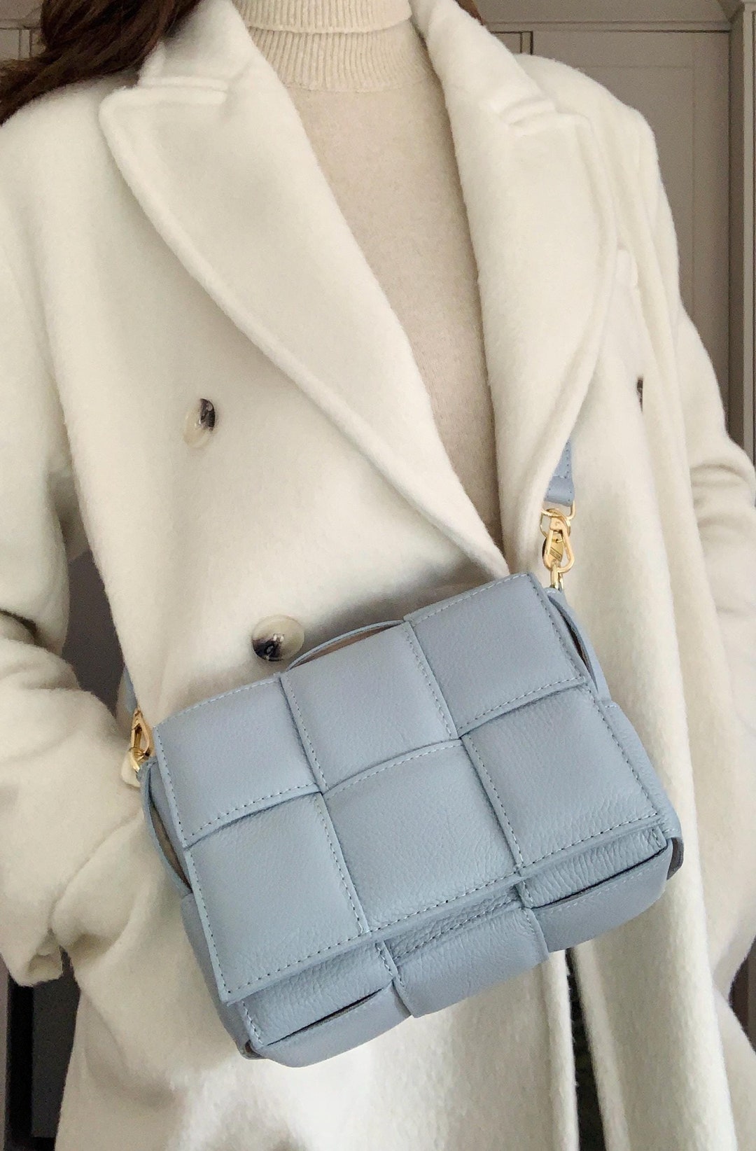 Pale Blue Leather Quilted Bag With Strap, Blue Wedding Bag, Blue ...