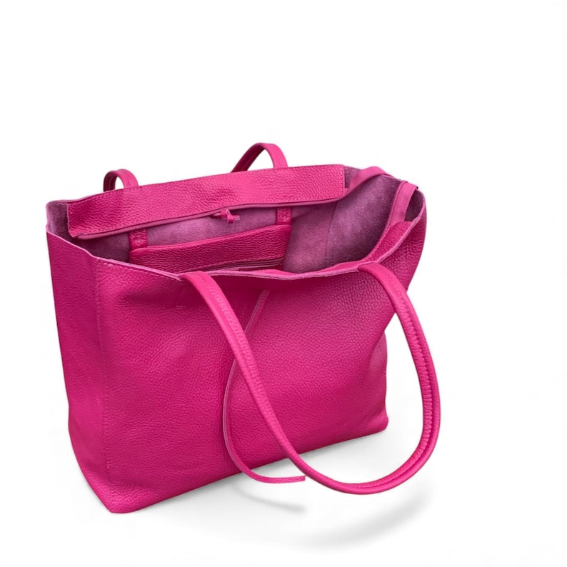 Fuchsia Leather Shoulder Bag, Large Boho Bag, Pink Leather Bag, Leather ...
