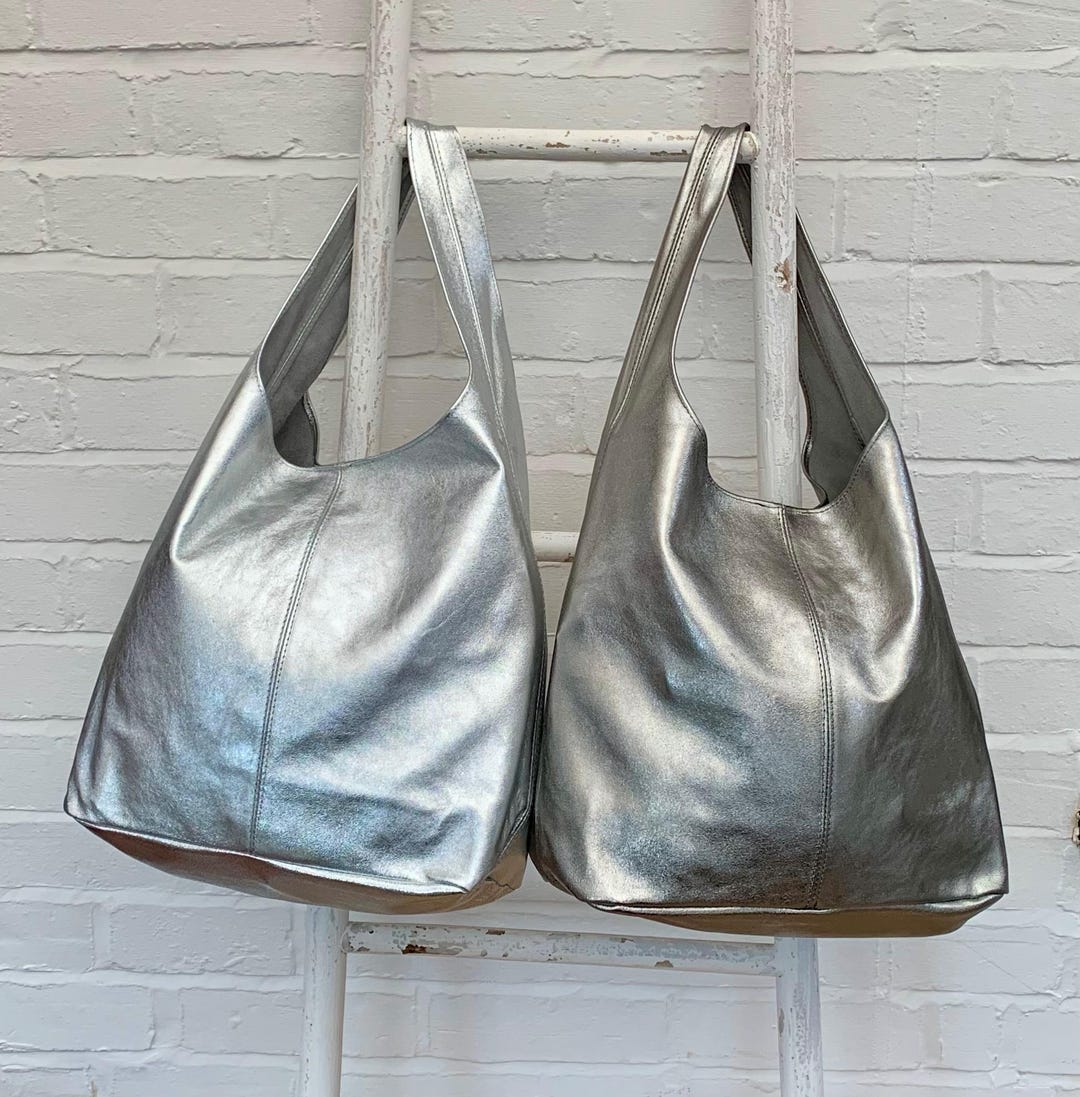 Metallic Leather Slouch Bag: Silver Boho Shoulder Bagchristmas Gift for ...