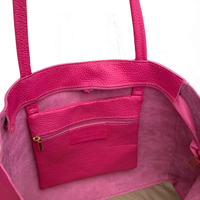Fuchsia Leather Shoulder Bag, Large Boho Bag, Pink Leather Bag, Leather ...