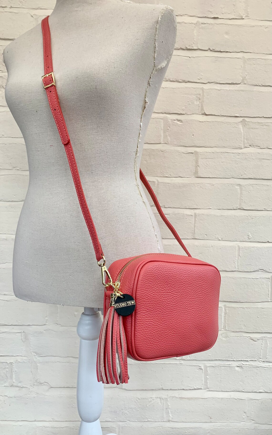 Coral Leather Crossbody Bag With Tassel: Italian Leather Handbag ...