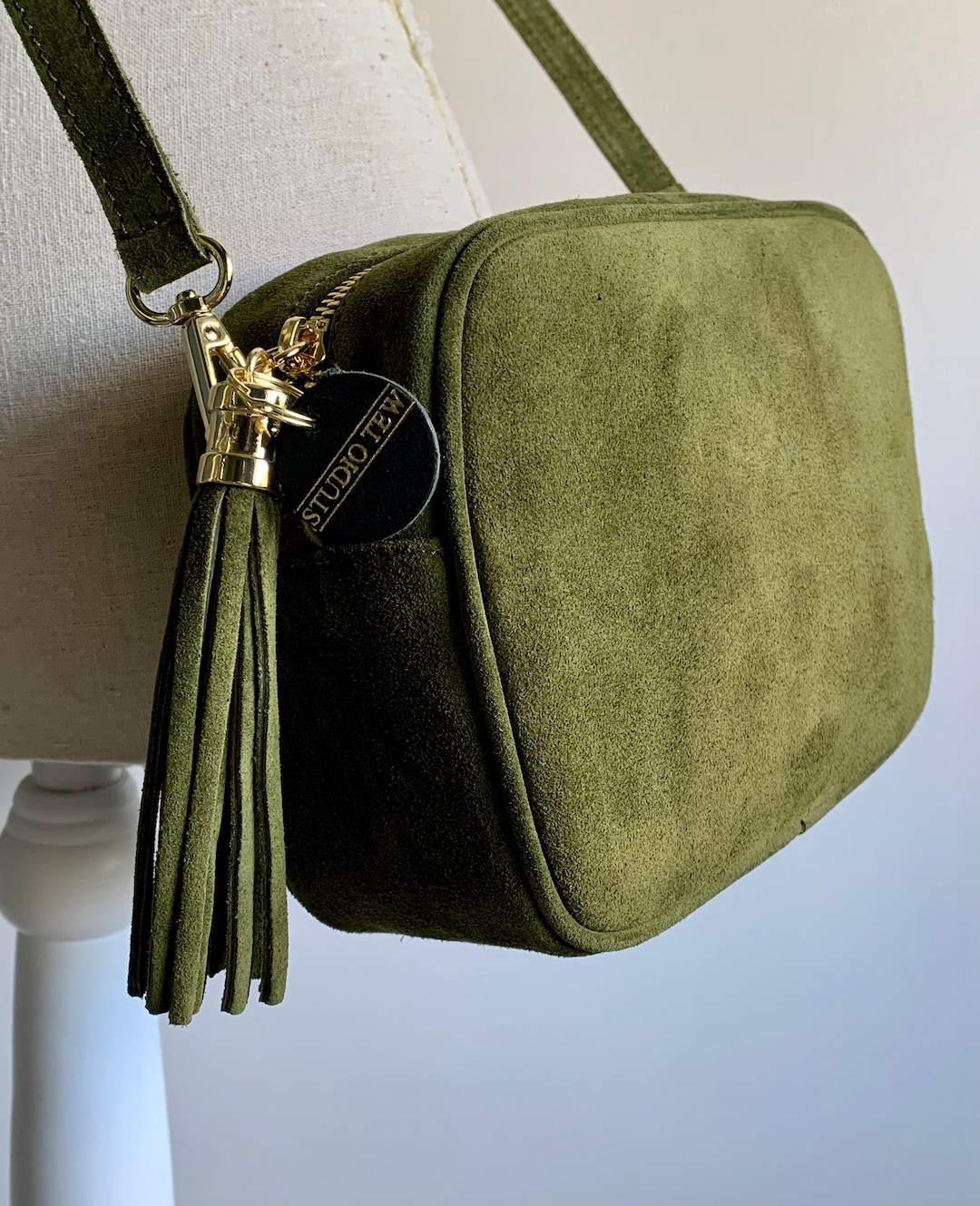 Olive Green Suede Crossbody Bag, Suede Bag, Camera Bag, Tassel Bag, Wedding Bag, Suede Tassel ...