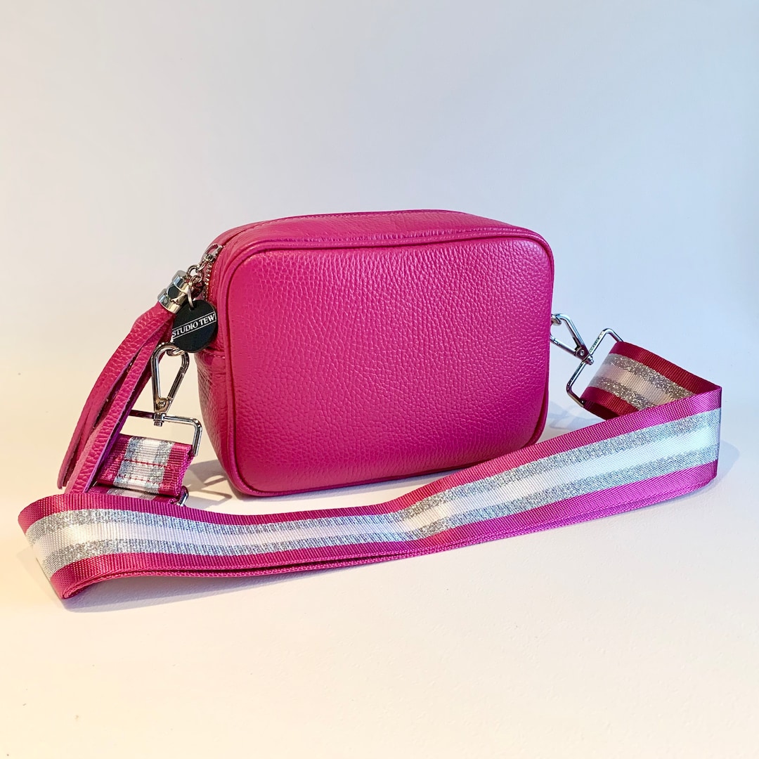 Fuchsia Leather Tassel Bag With Canvas Strap, Bright Pink Bag With ...