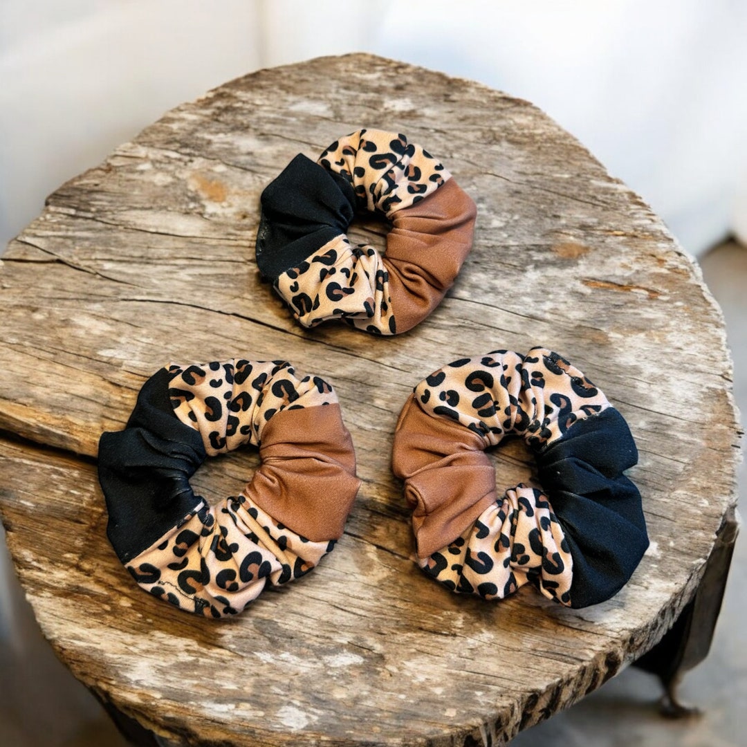 Leopard Print Hair Scrunchie Tan Black, Animal Print Scrunchie, Elastic ...