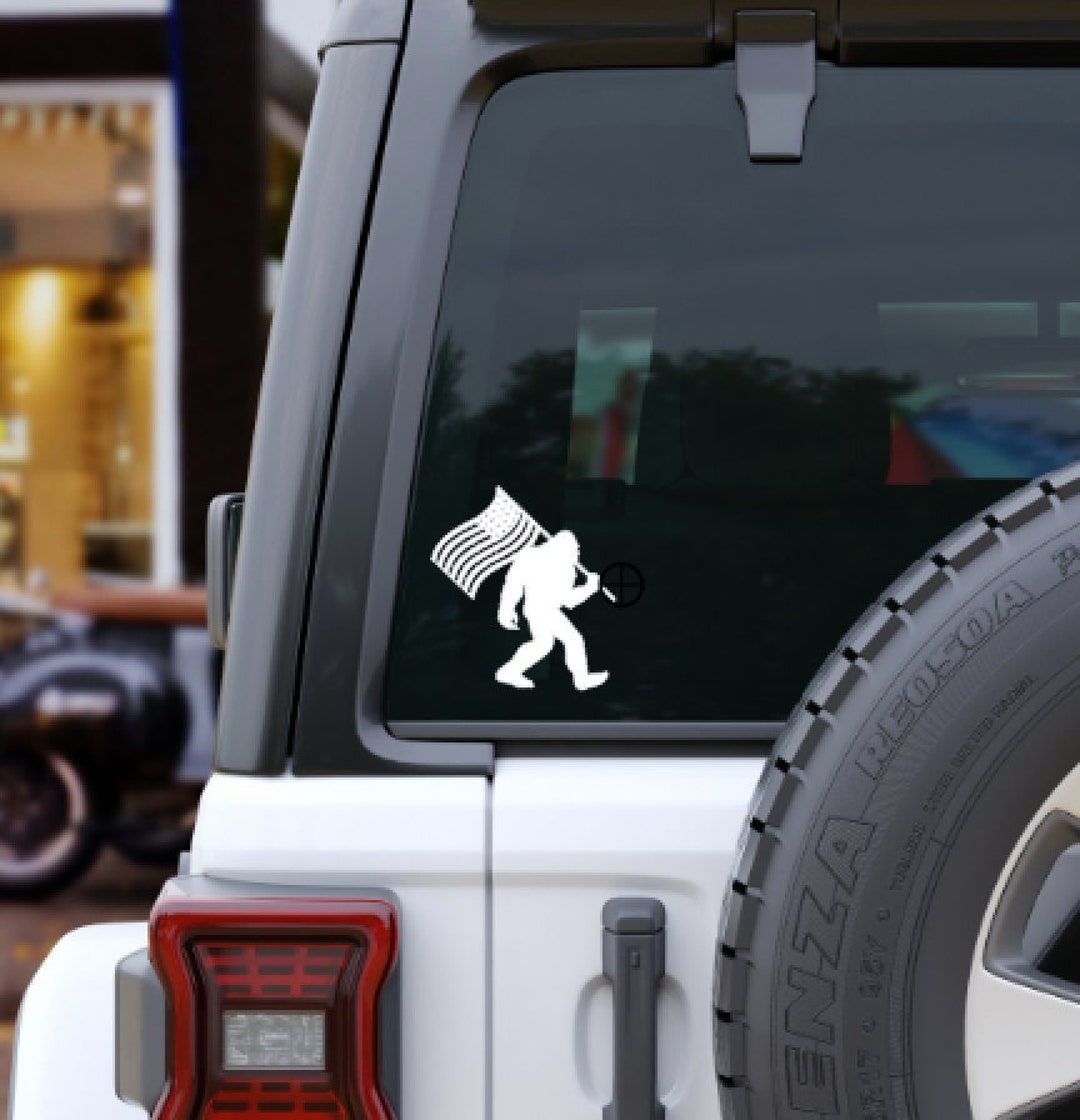 Sasquatch Holding Flag Vinyl Decal, Bigfoot Car Sticker, Patriotic Yeti ...