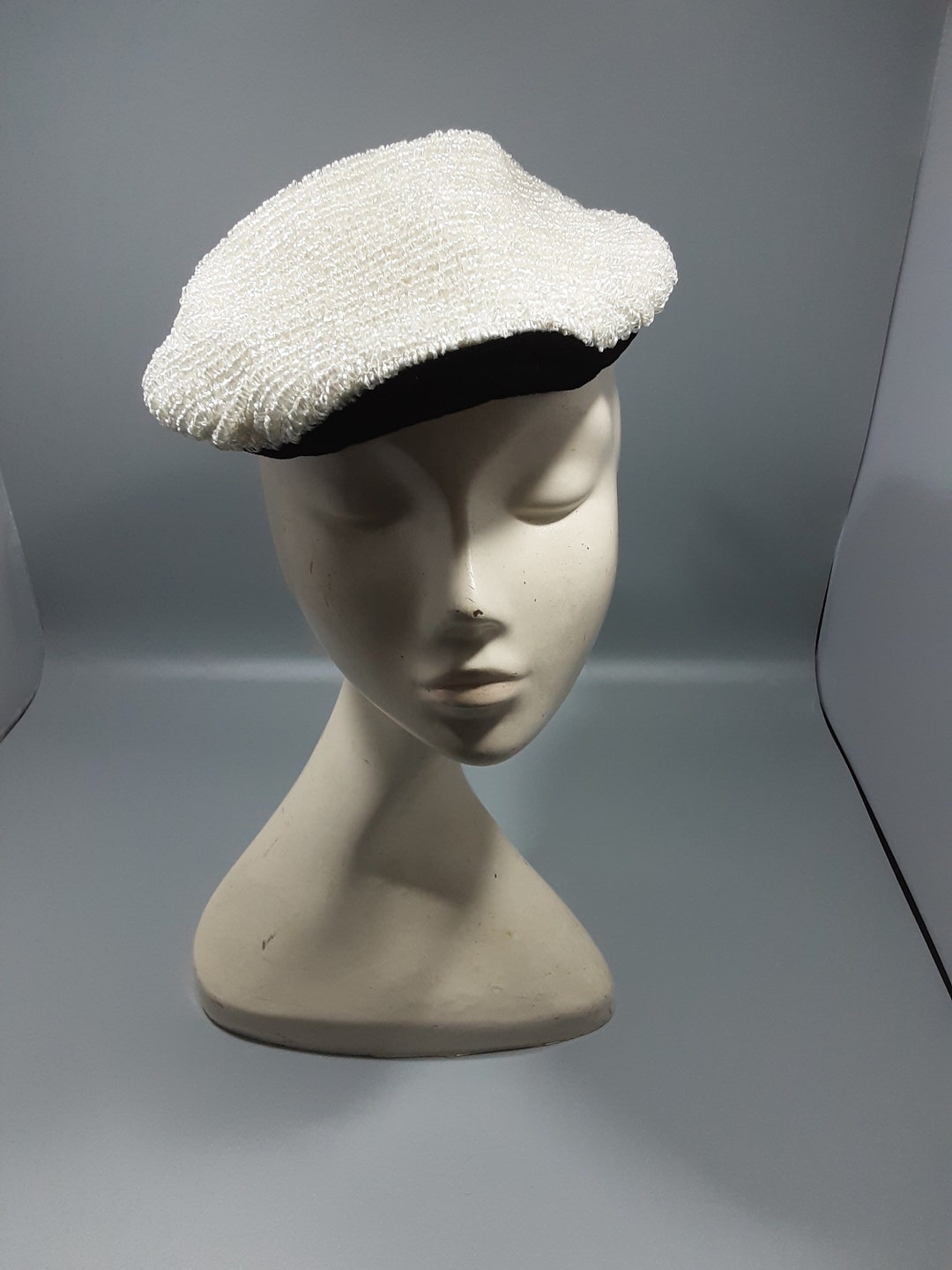1950s Ivory Nylon Looped Bonnet / Hat With Black Velvet Trim and Bow by ...