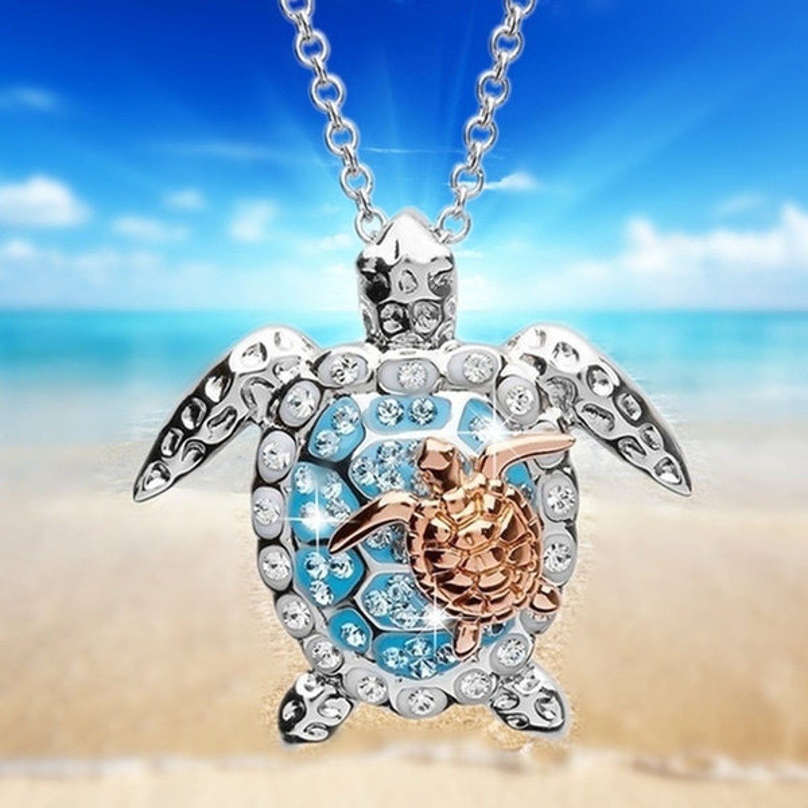 Blue Shell Silver Sea Turtle Necklace Mother Baby Tortoise - Etsy