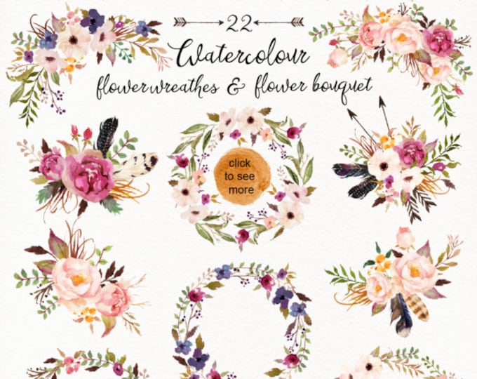 Watercolor Flower Wreath Clipart-burgundy/small Set/hand - Etsy