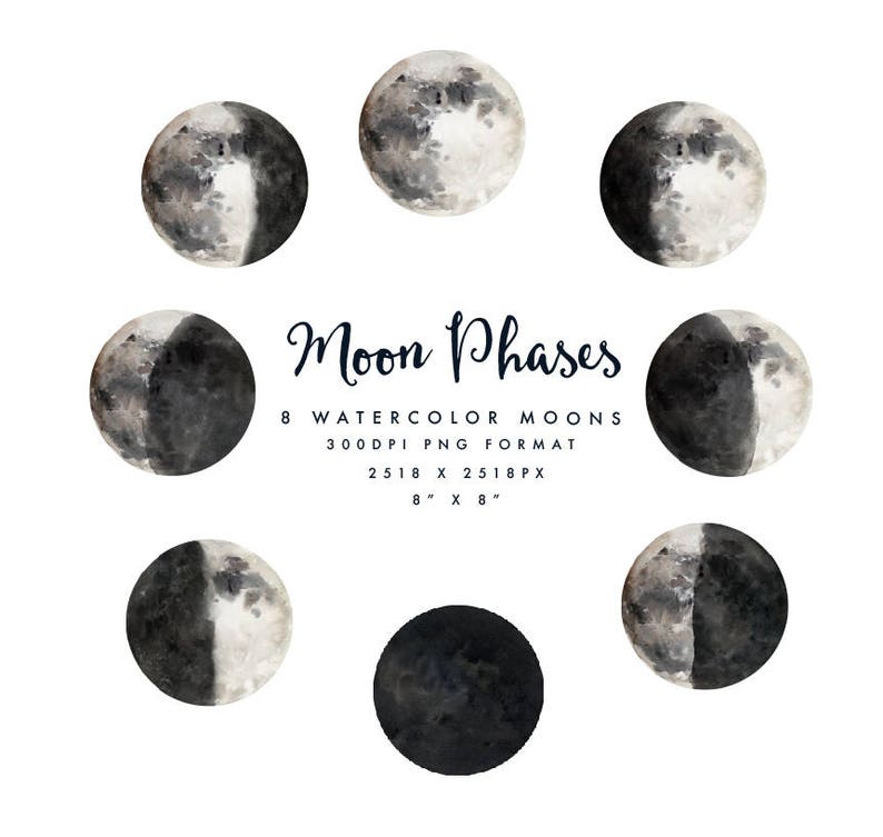 Watercolor Moon Phases/small Set/individual PNG Files/hand Painted ...