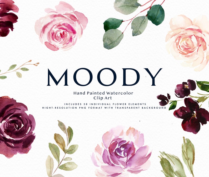 Watercolor Floral Clip Art-moody Graphic Elements/small - Etsy