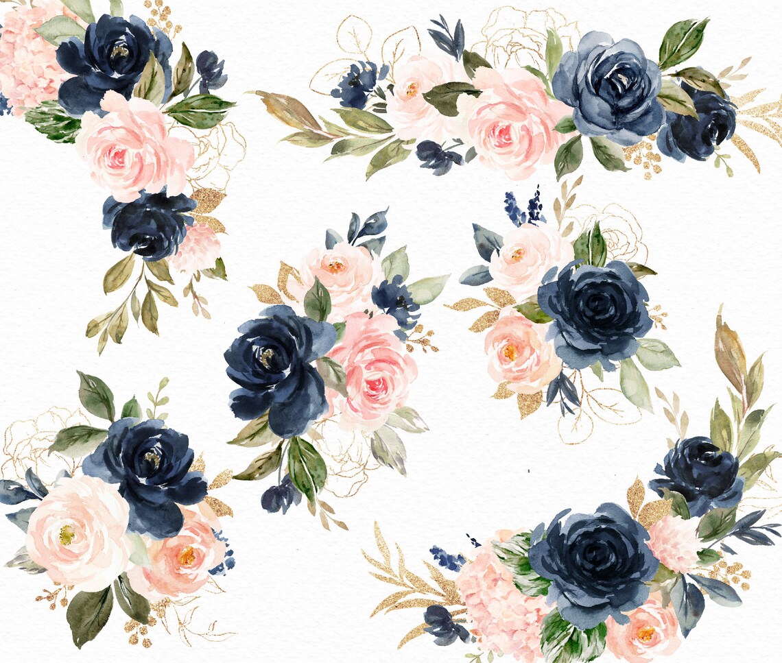 Watercolor Floral Clip Art-navy & Blush/small - Etsy