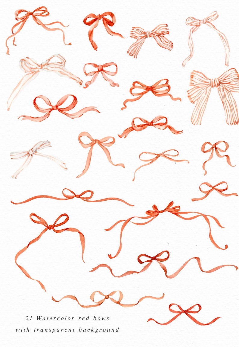 Watercolor Red Bows/small Set/individual PNG Files/hand Painted/holiday ...