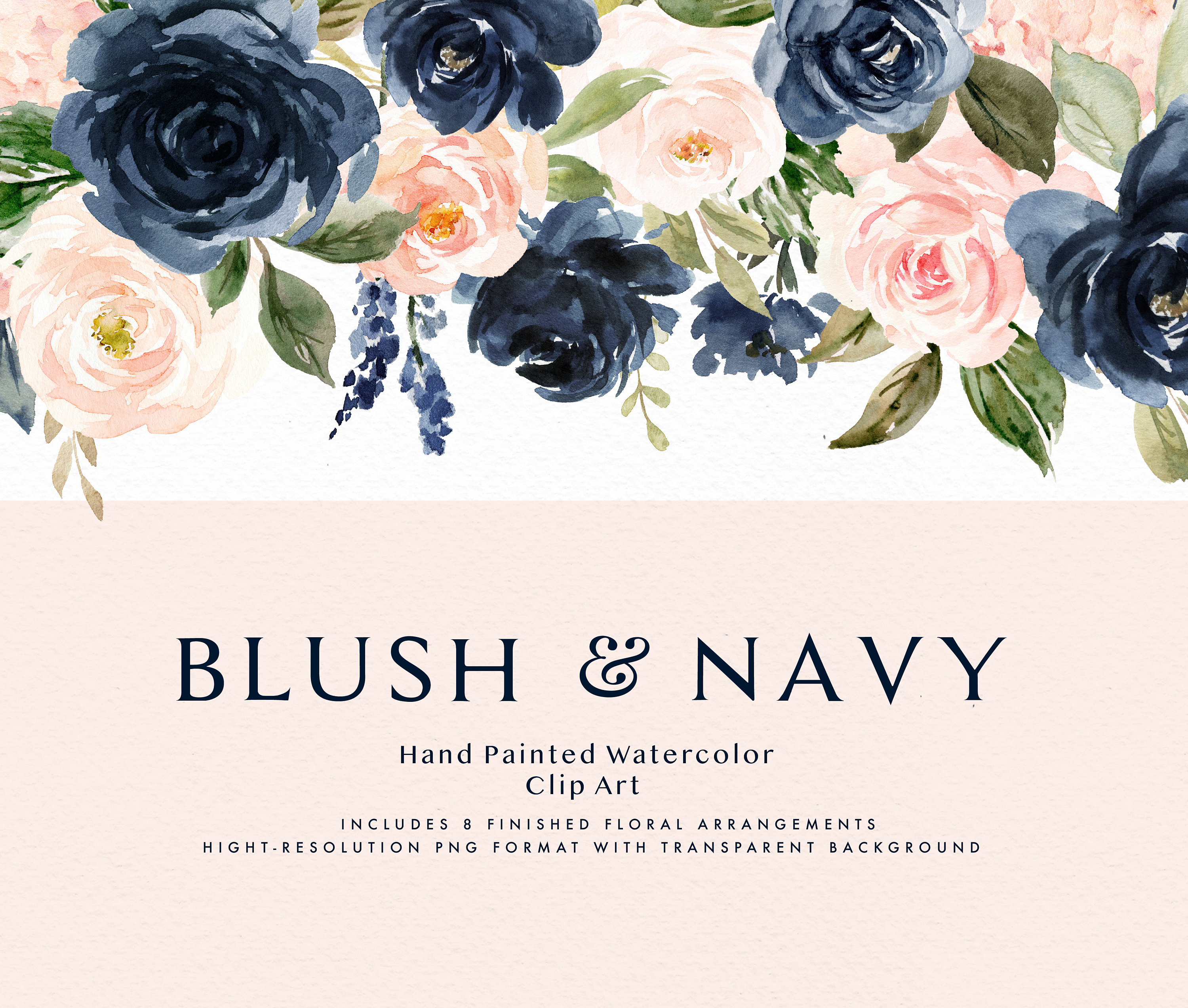 Watercolor Floral Clip Art-blush & Navy/small Set/individual - Etsy
