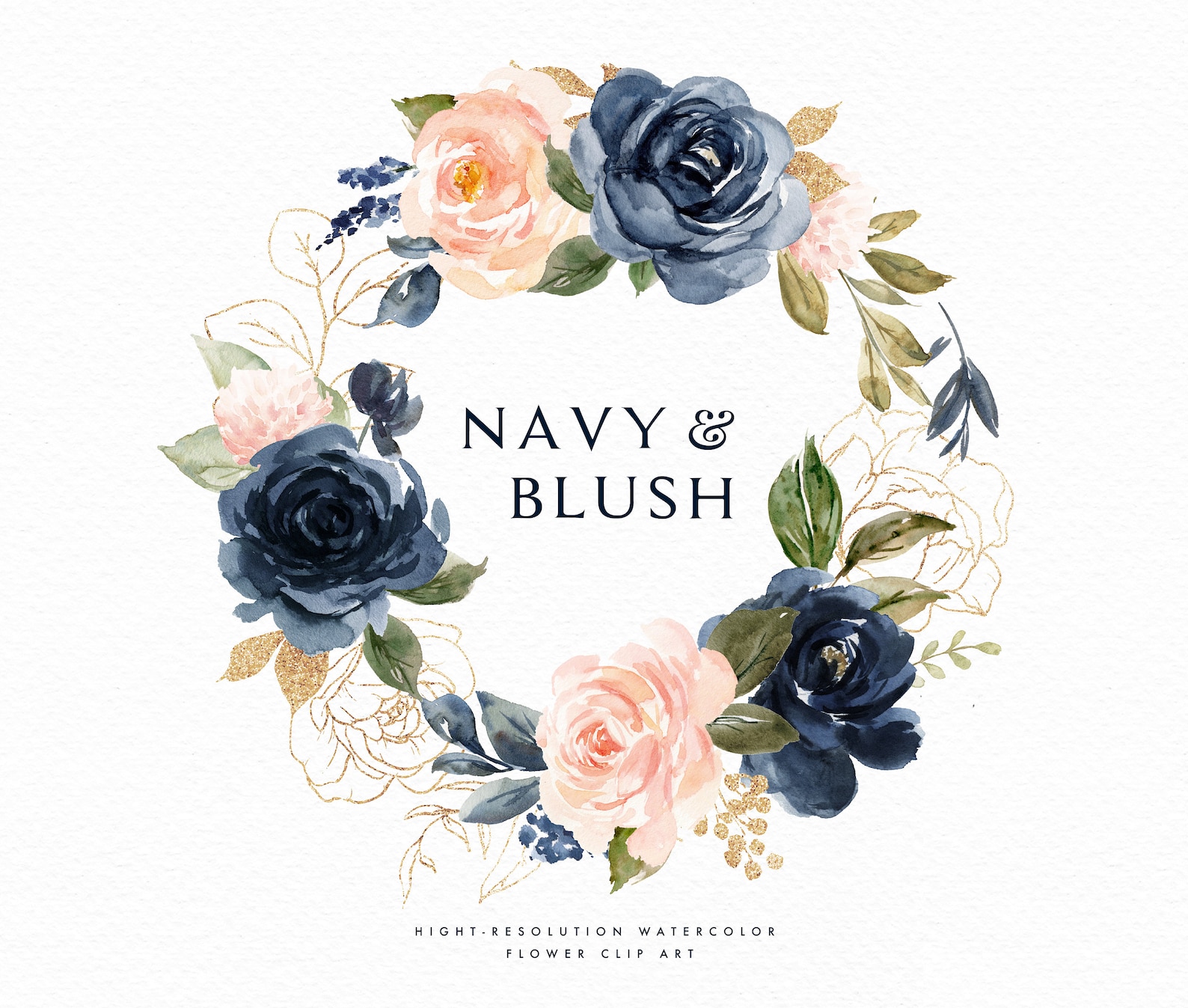 Watercolor Floral Clip Art-navy & Blush/small Set/wedding/individual ...