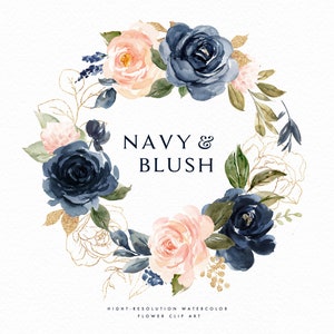 Watercolor Floral Clip Art-navy & Blush/small Set/wedding/individual ...