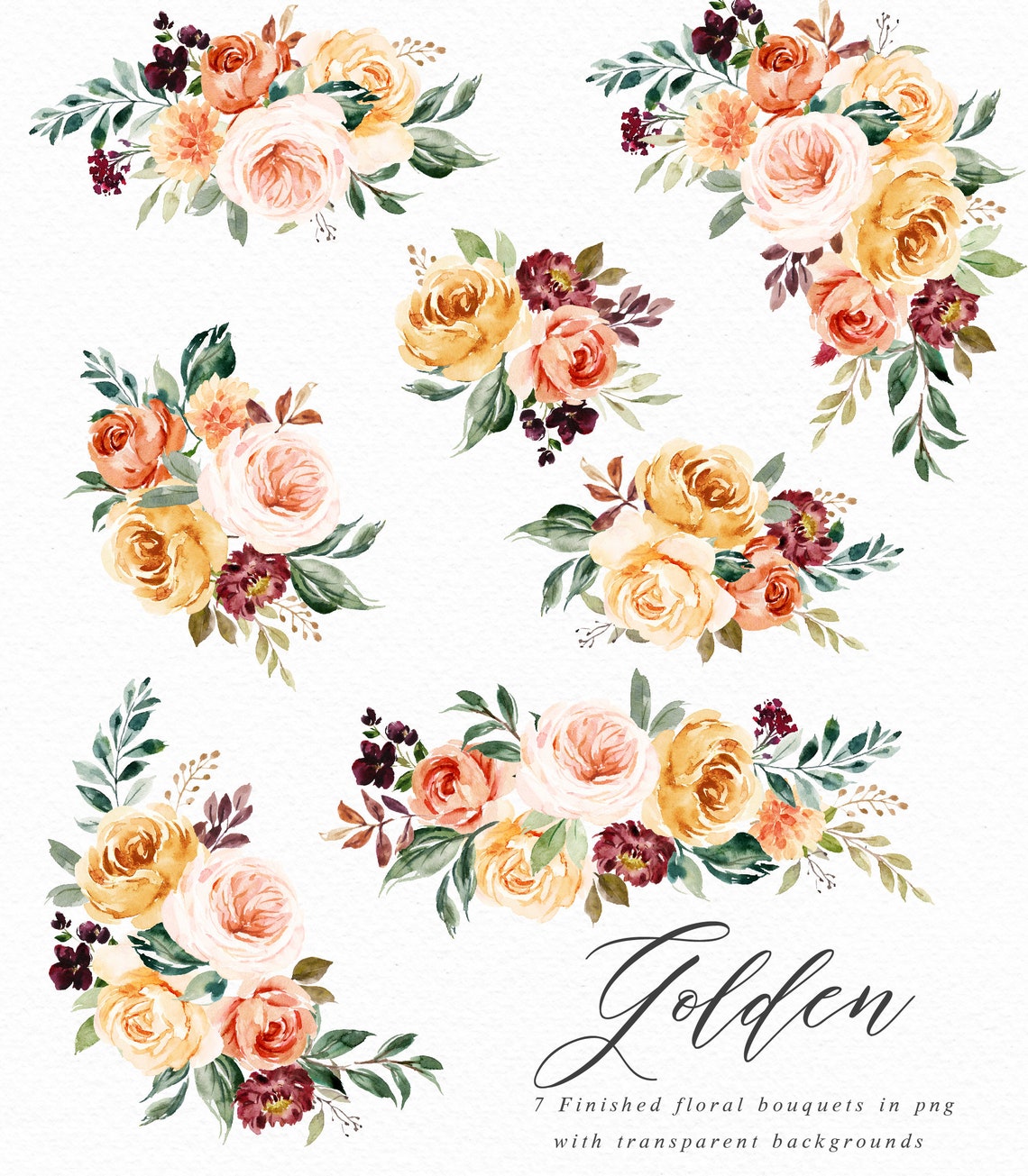 Watercolor Floral Clip Art-golden/small Set/individual PNG - Etsy