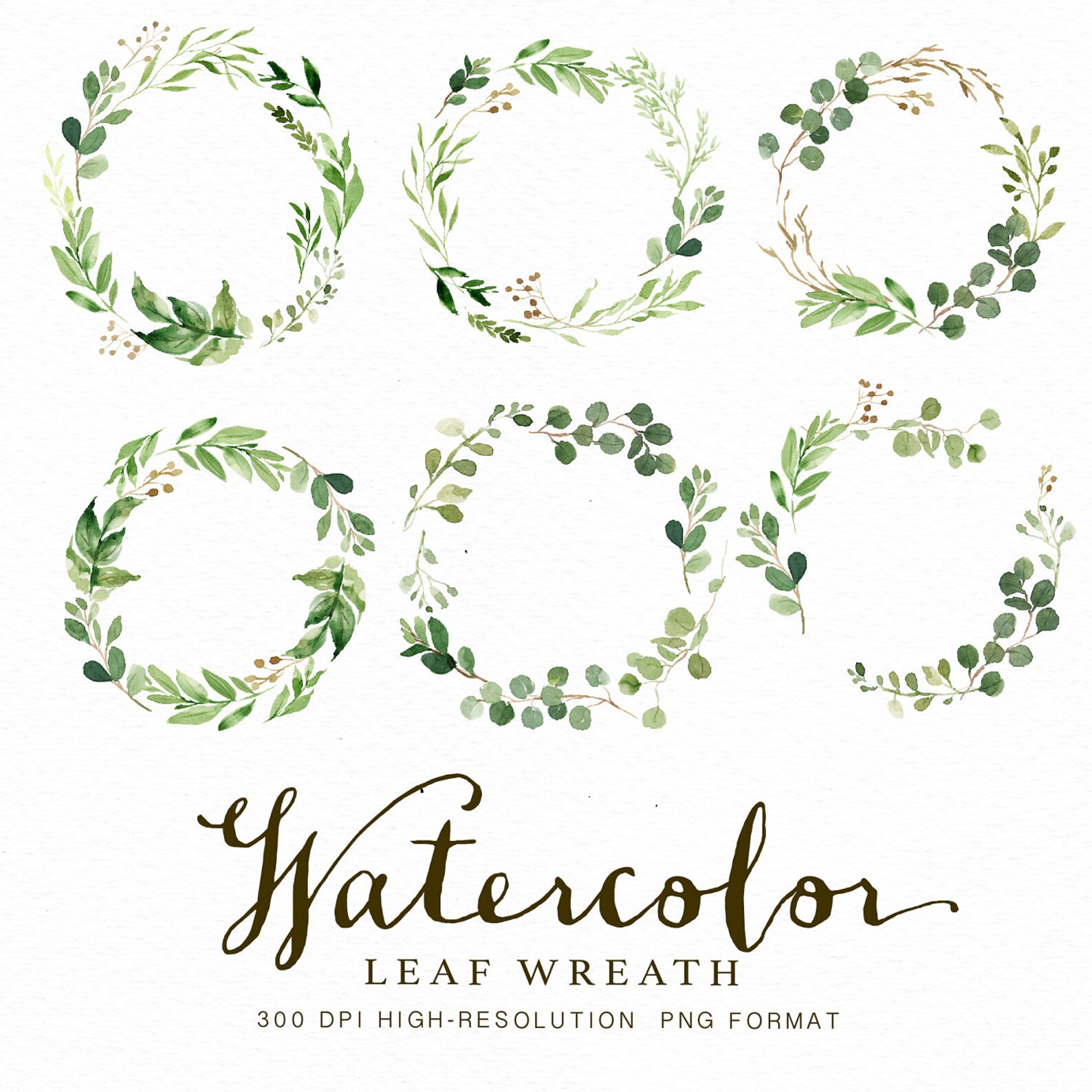 6 Watercolor Green Leaf Wreath Clip Art/small Set/individual PNG Files ...