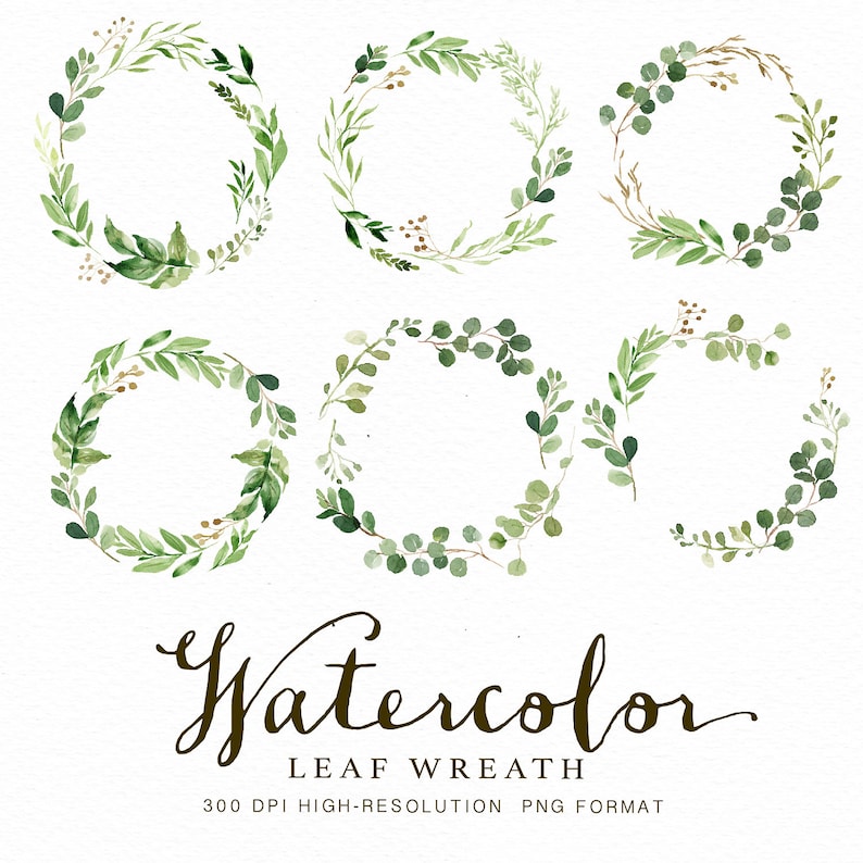 6 Watercolor Green Leaf Wreath Clip Art/small Set/individual PNG Files ...