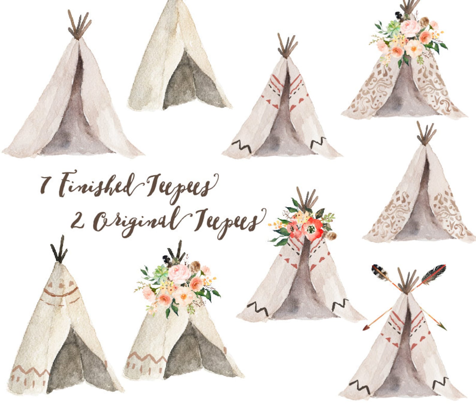 Watercolor teepee clip art/Small Set/Wedding/Individual PNG | Etsy