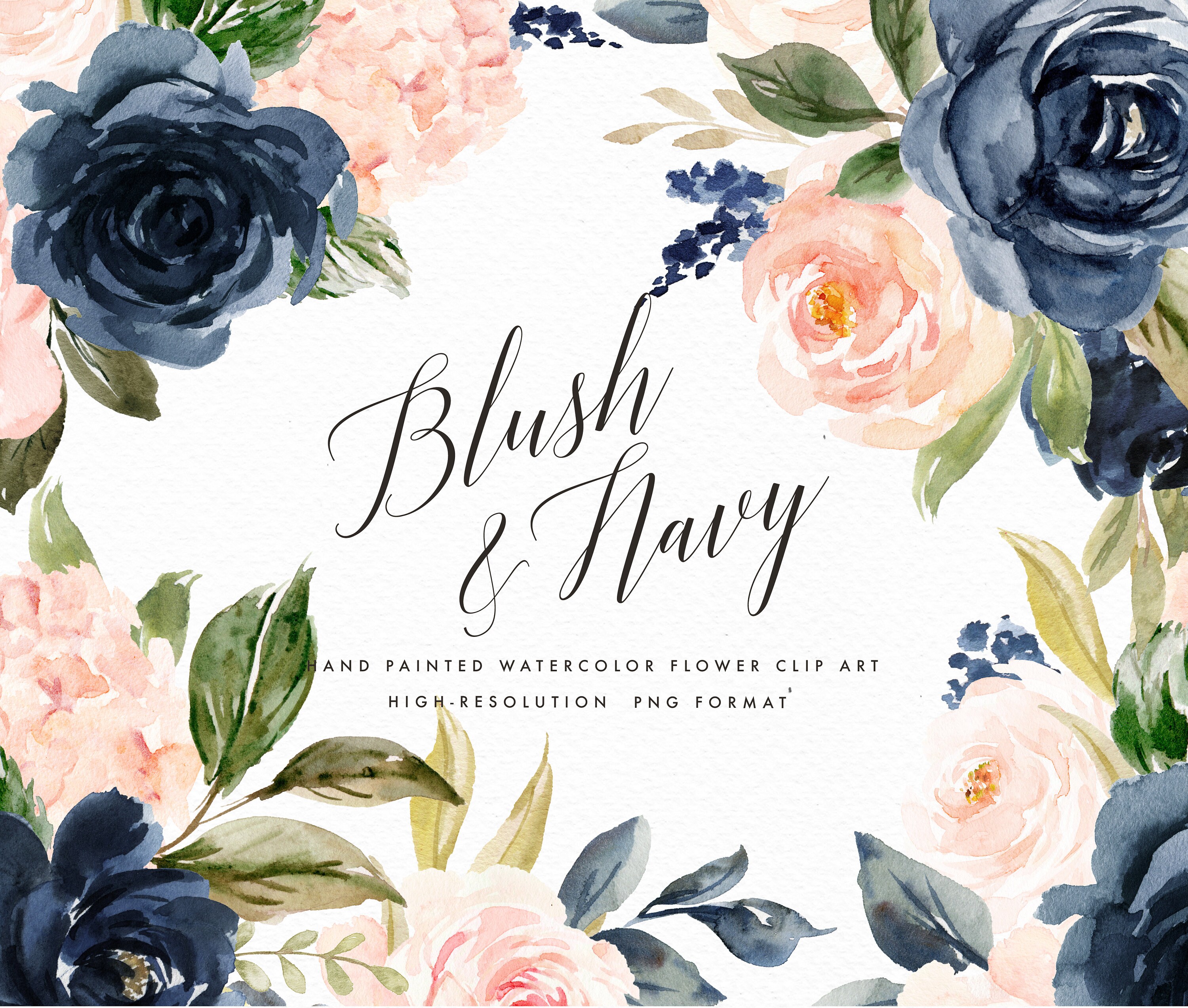 Watercolor floral Clip Art-Blush & Navy/Small Set/Individual | Etsy