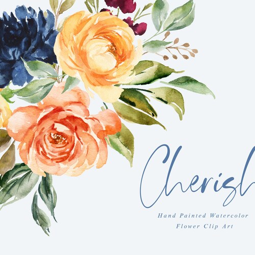 Watercolor Floral Clip Art-navy & Blush/small - Etsy