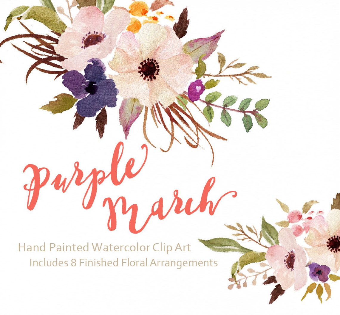 Watercolor Flower Clip Art-purple March/small Set/individual - Etsy
