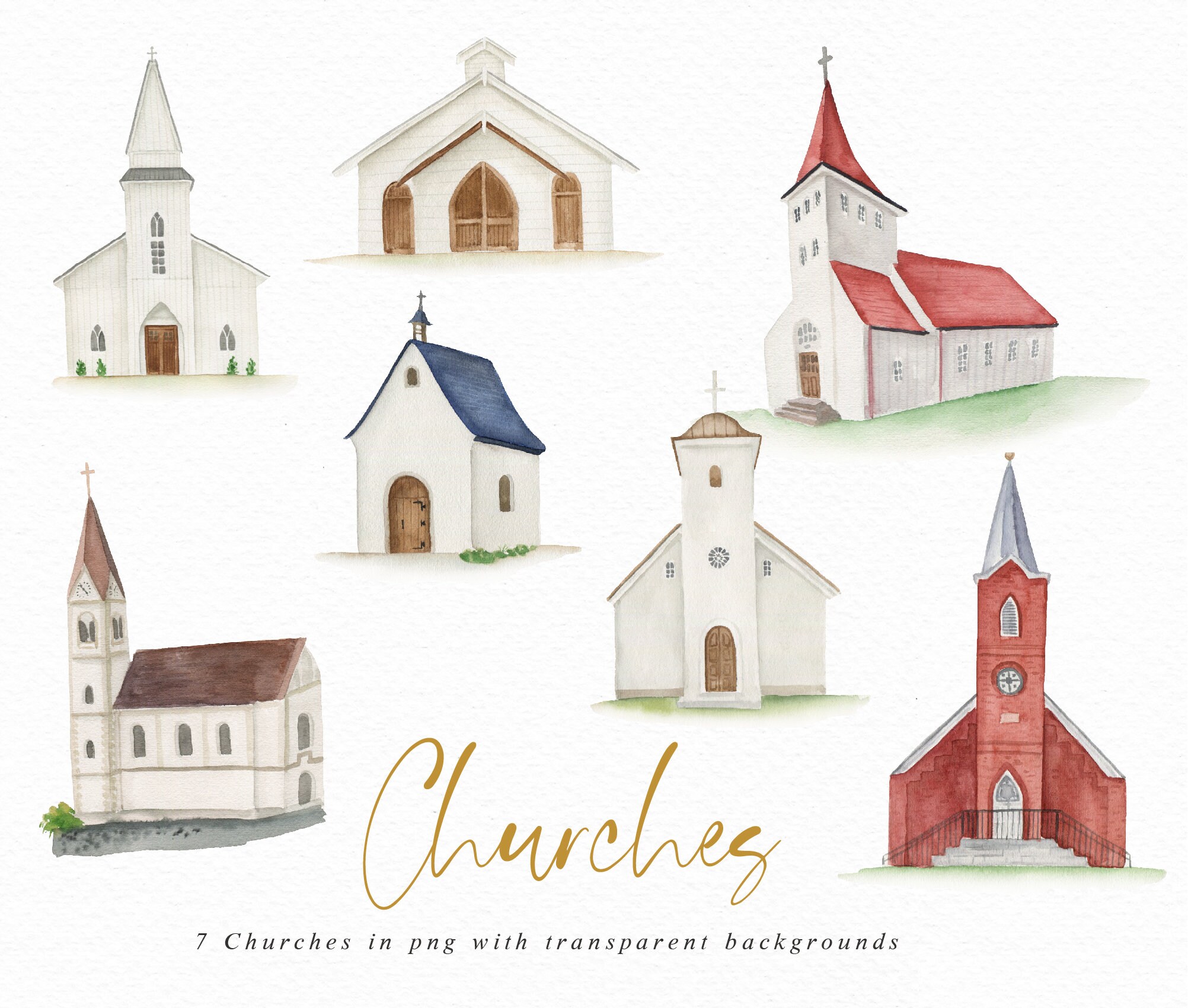Watercolor House Cliparts-churches/small Set/individual PNG Files ...