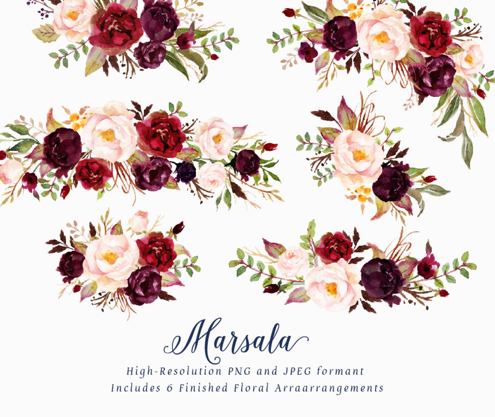 Watercolor Floral Clip Art-marsala/small Set/individual PNG Files/hand ...