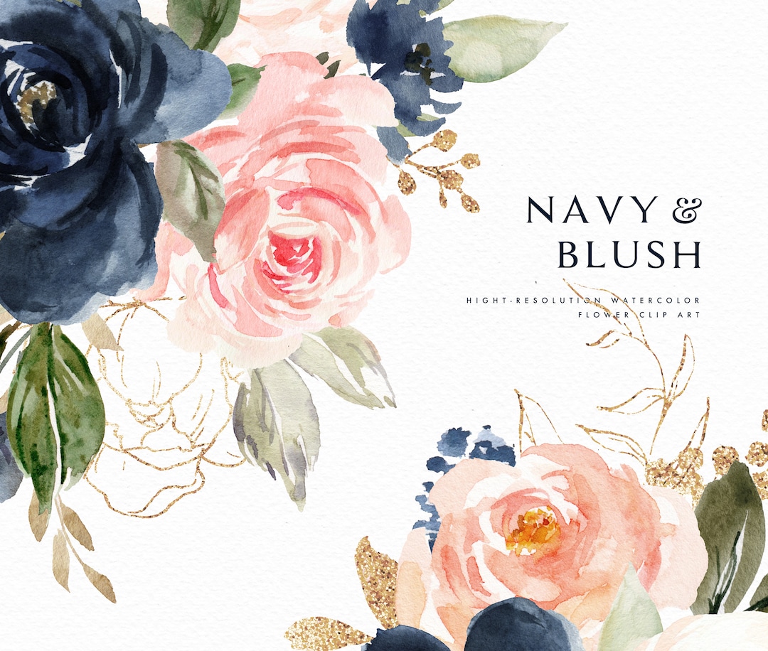 Watercolor Floral Clip Art-navy & Blush/small Set/wedding/individual ...