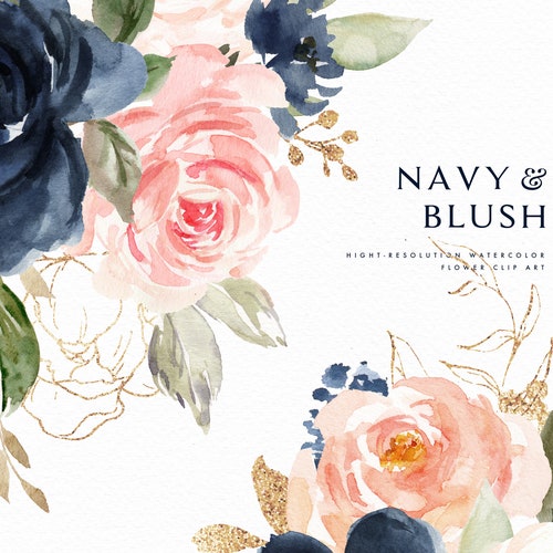 Watercolor Floral Clip Art-navy & Blush/small - Etsy