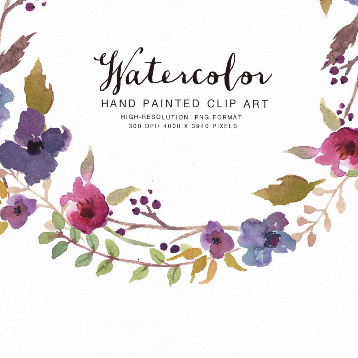 Watercolor floral wreath clipart-Purple/Small Set/Individual | Etsy
