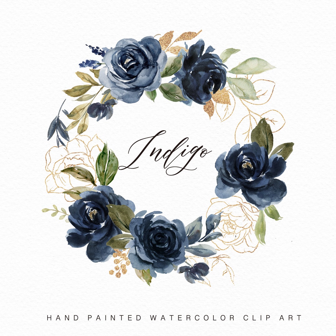 Watercolor Floral Wreath-indigo/small Set/individual PNG Files/hand ...