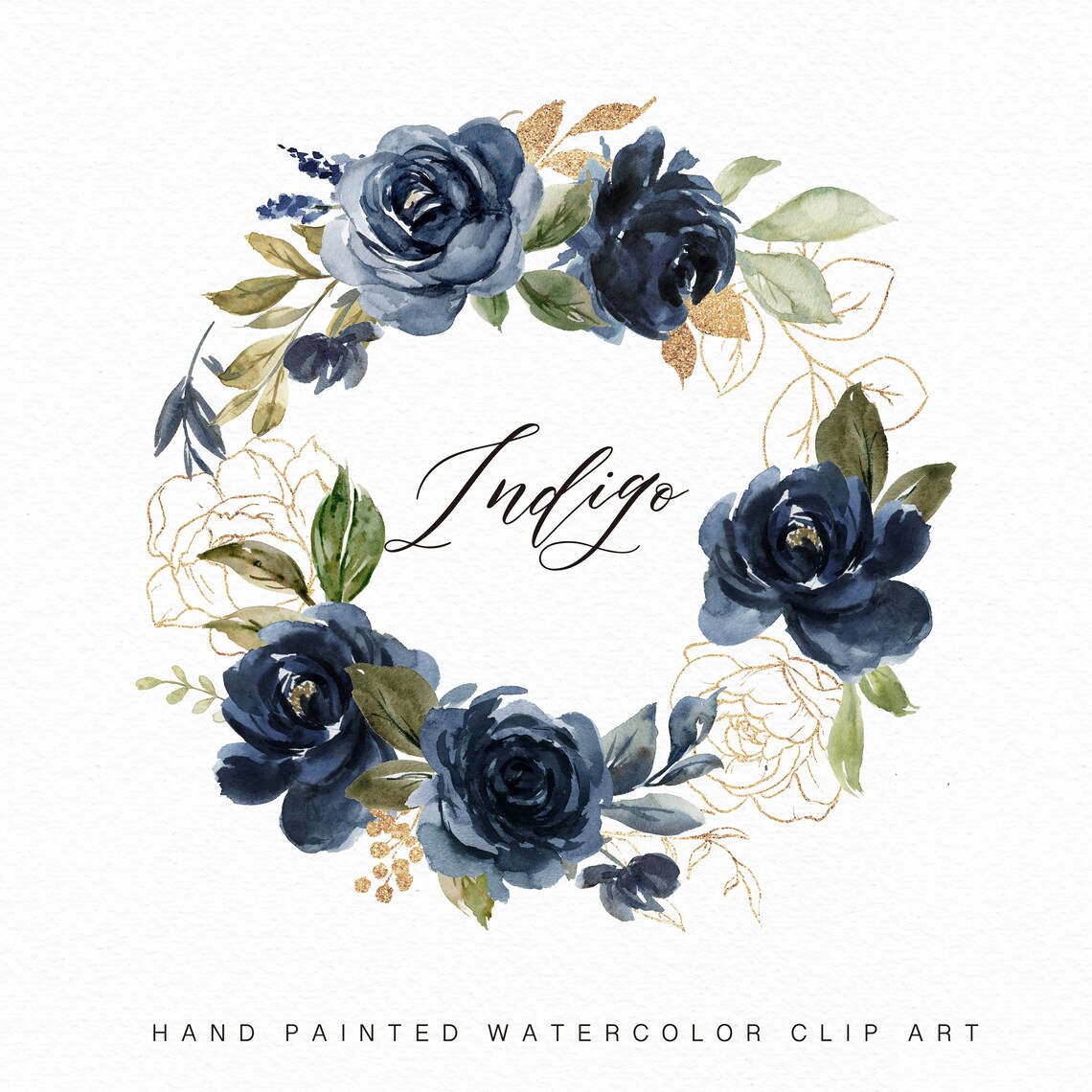 Watercolor Floral Wreath-indigo/small Set/individual PNG - Etsy