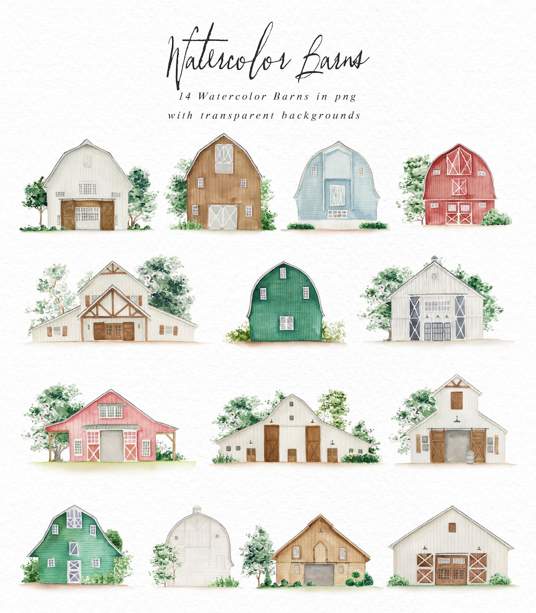 Watercolor House Cliparts-barns/small Set/individual PNG Files ...