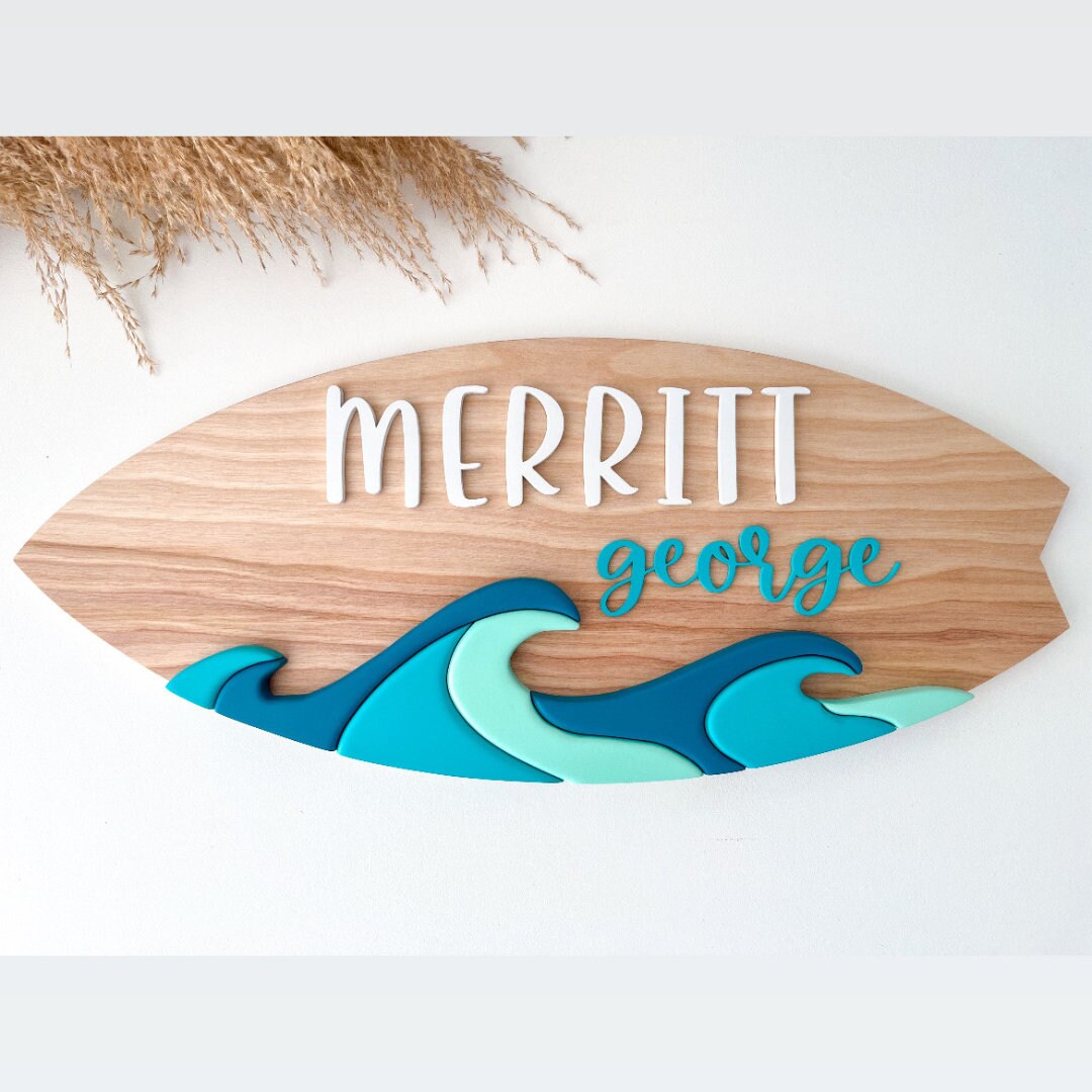 23 Inch Surfboard Name Sign With Layered Waves | Surfboard Wall Decor ...