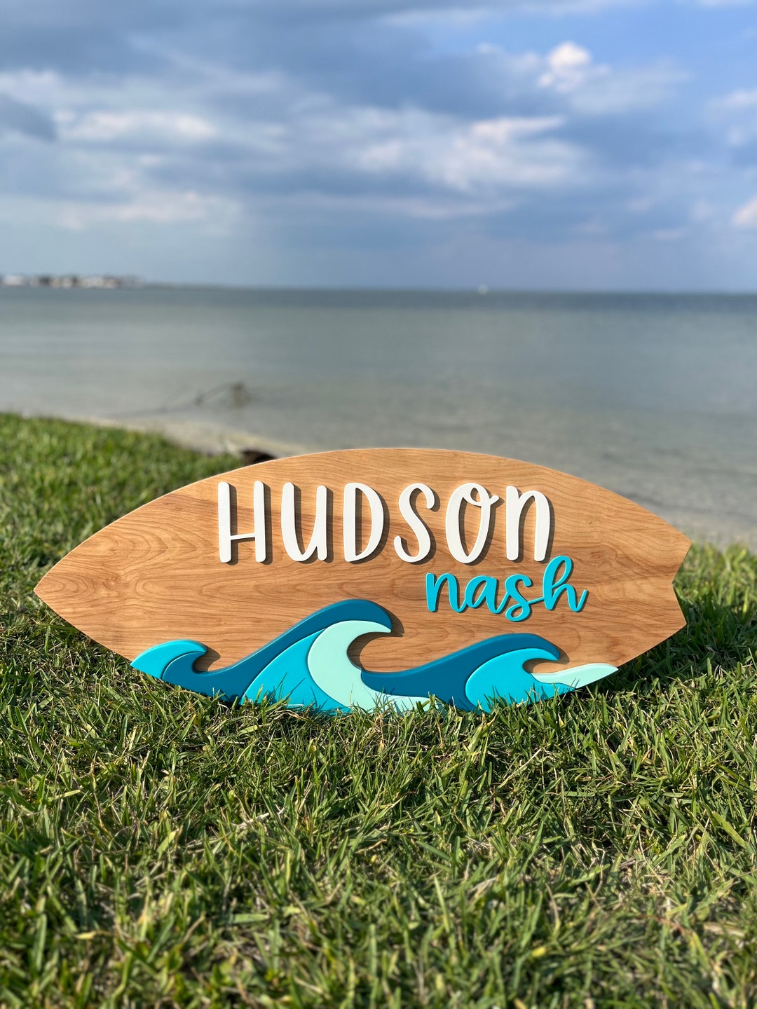 35 Inch Surfboard Name Sign With Layered Waves Surfboard Wall Decor ...