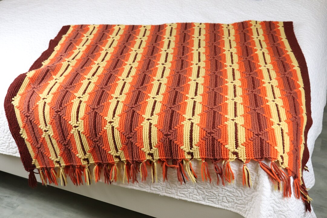 Vintage Multicolored Yellow Orange Brown Crocheted Afghan Blanket Throw ...