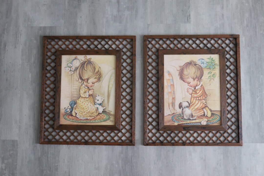 Vintage 11X15 Coby Boy & Girl Praying Art / Framed Wall Hangings - Set ...