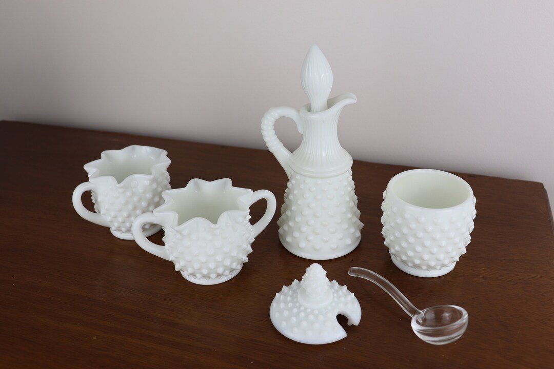 Vintage Milk Glass Hob Nail White Cruet, Creamer, Sugar - 4 Piece Set ...