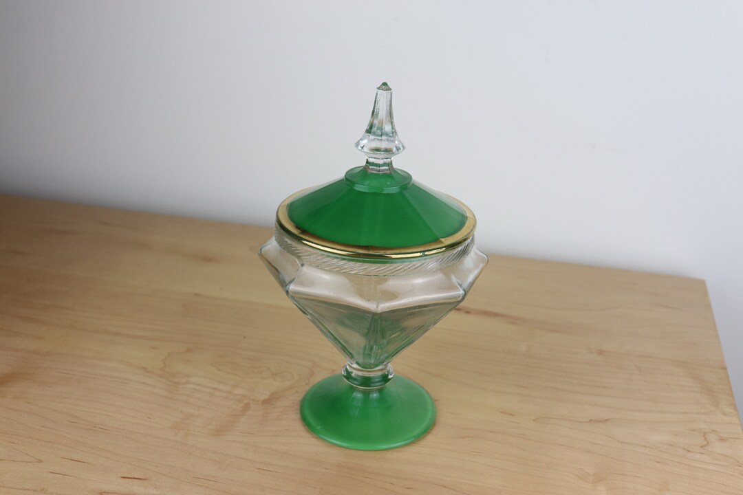Vintage Green Glass Compote Candy Jar With Lid - Etsy