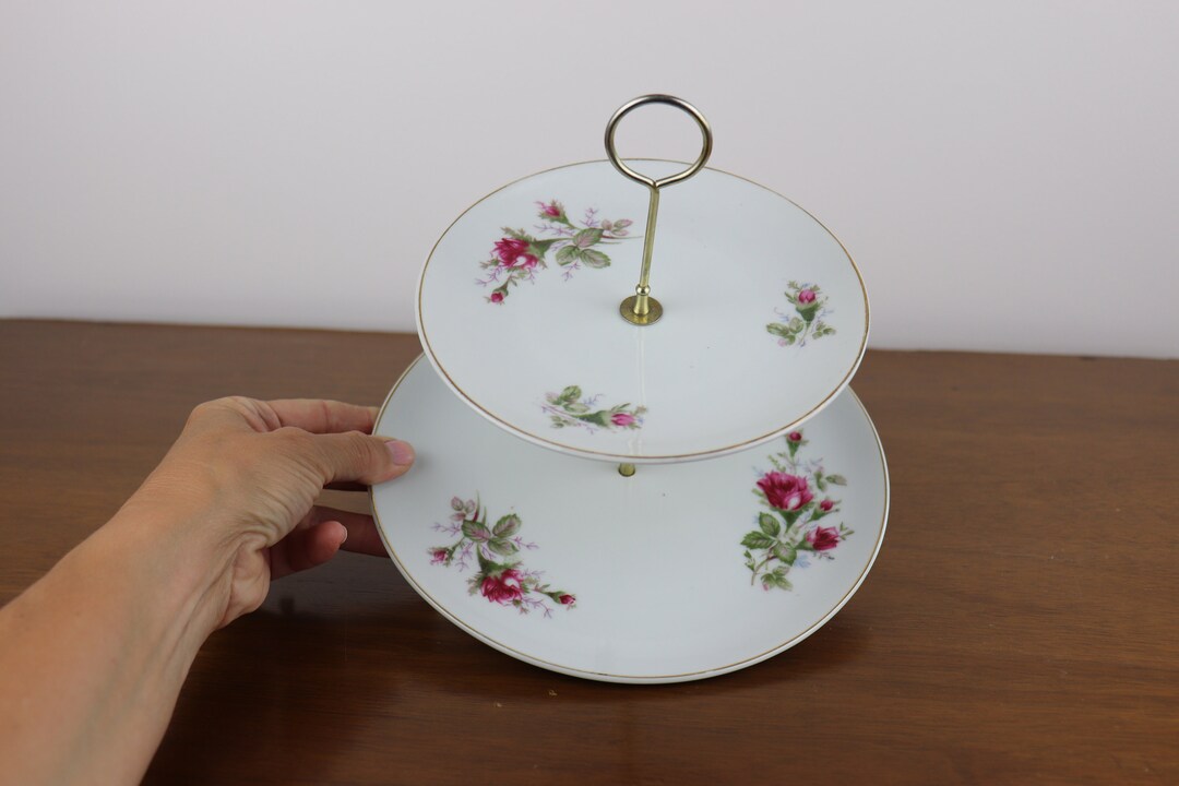 Vintage 2 Tier Plate Stand Tray Pink Rose Floral - Etsy
