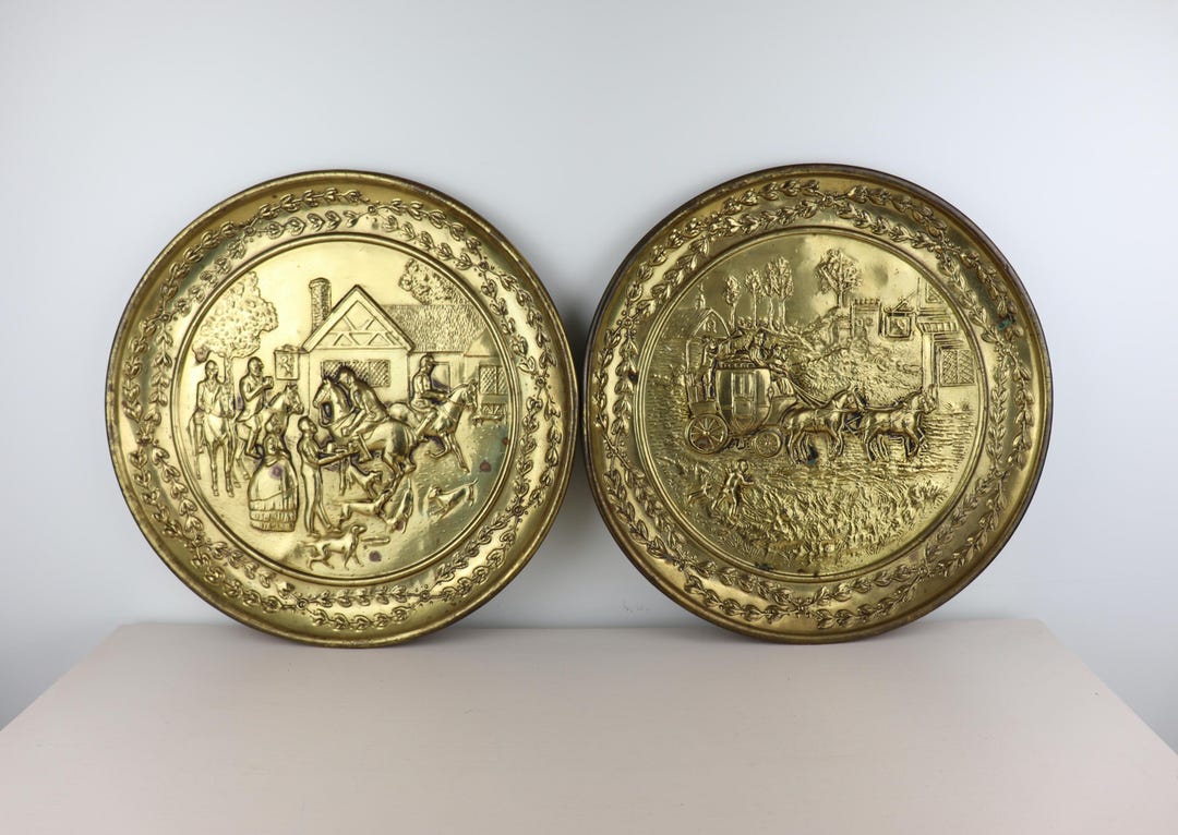 Vintage Brass Round Wall Hanging - Colonial Plate - Set of 2 - Etsy