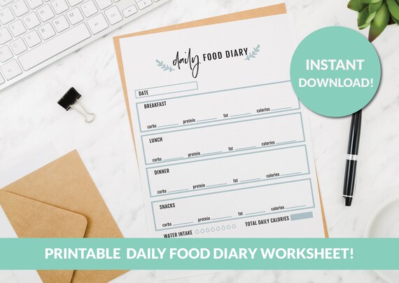 Daily Food Diary Printable Worksheet Food Log Food Journal - Etsy