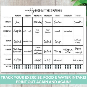 Weekly Food & Exercise Tracker | Printable Worksheet | Food Log | Food ...